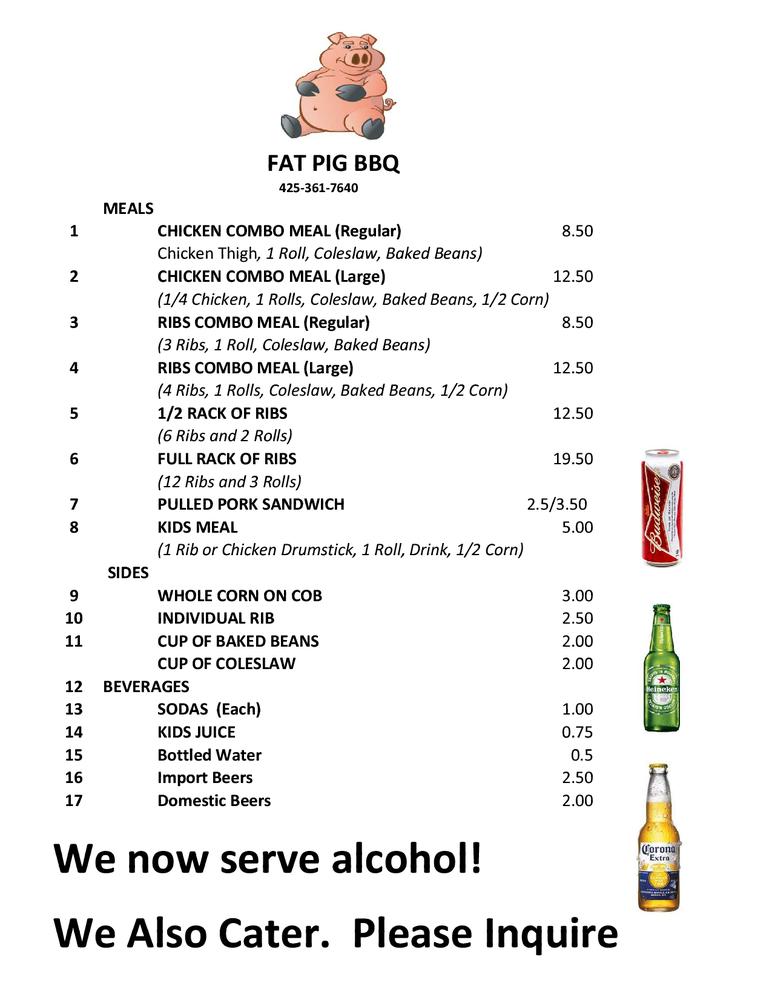 Menu at Fat Pig BBQ, Edmonds