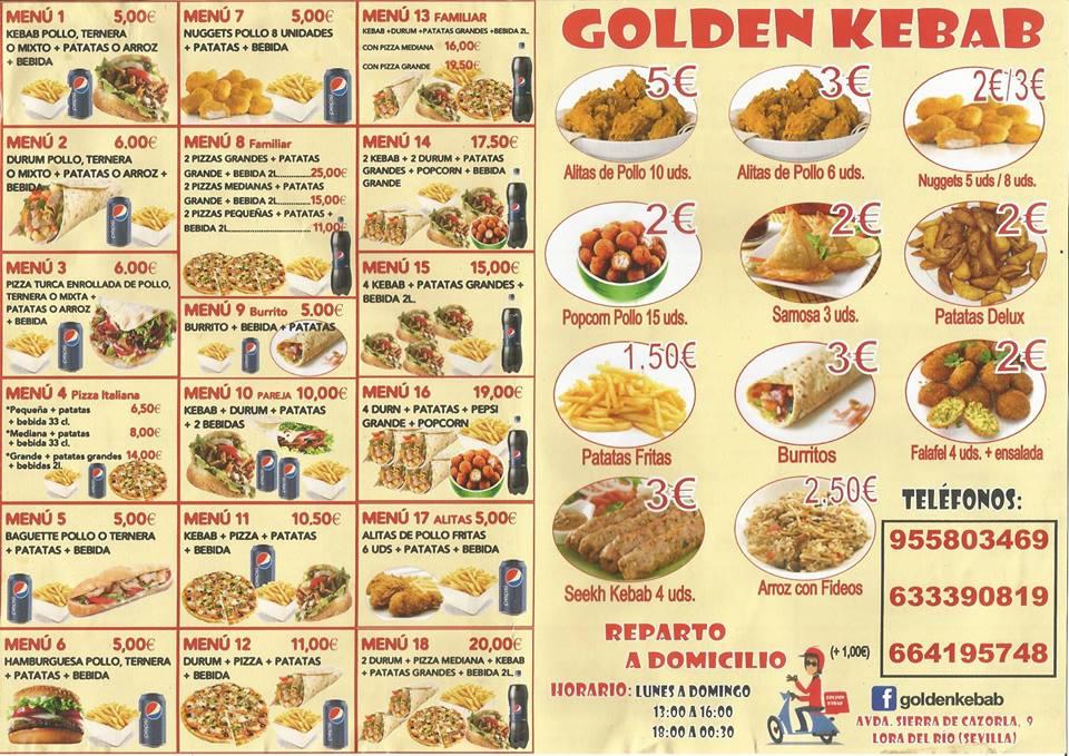 Menu at Golden Kebab pizzeria, Lora del Río