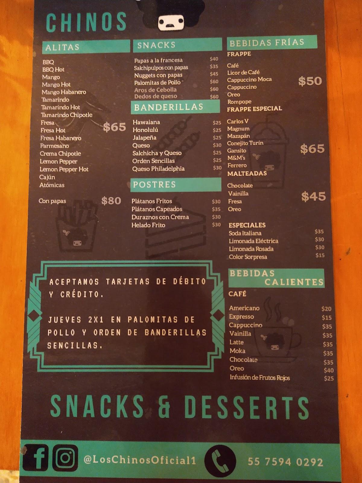 Menu at Los Chinos restaurant, Mexico City, Av. 1-A 55