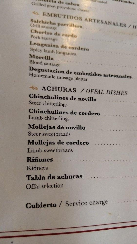 Menu at La Brigada steakhouse, Buenos Aires, Estados Unidos 465