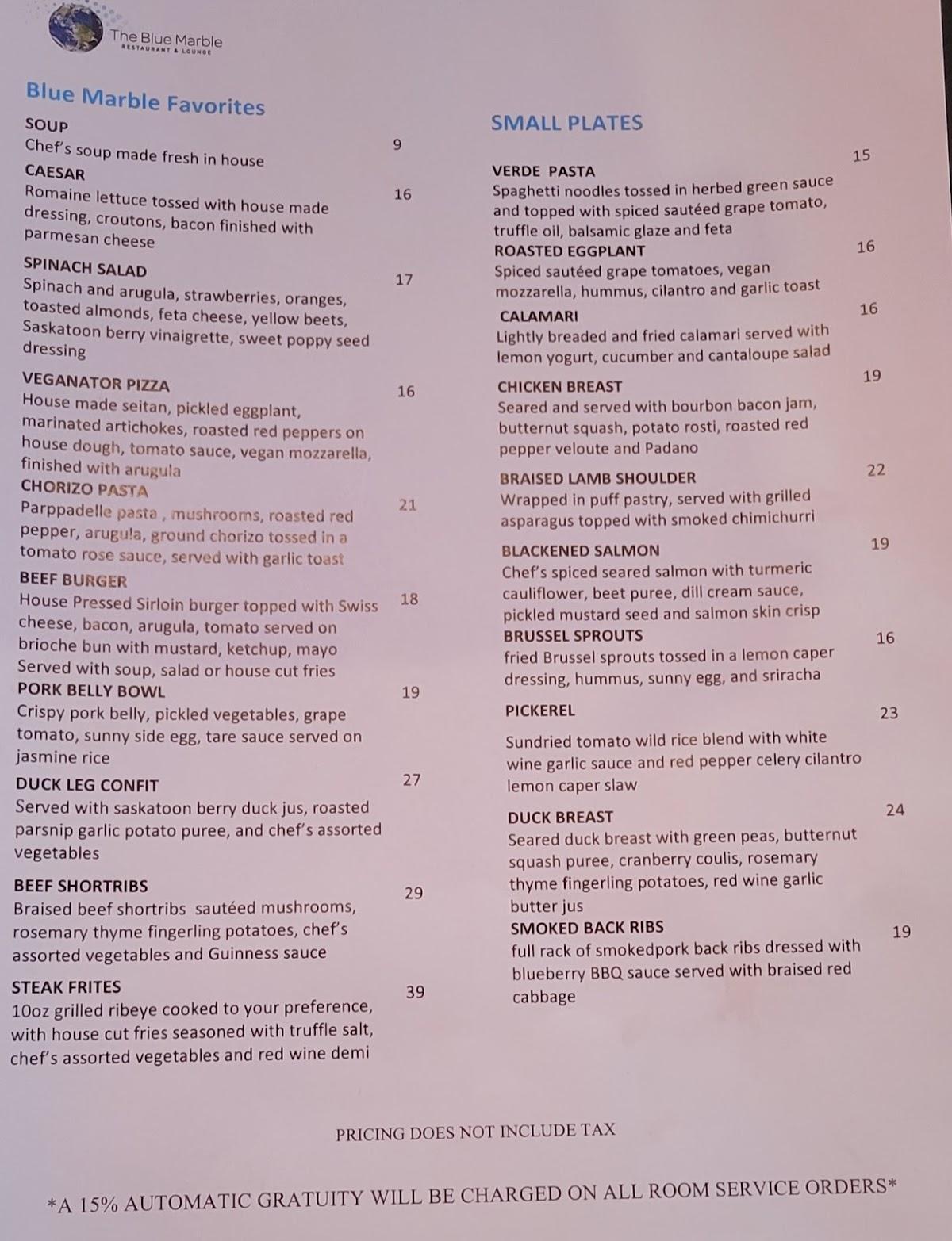 Menu at The Blue Marble Restaurant & Lounge, Winnipeg