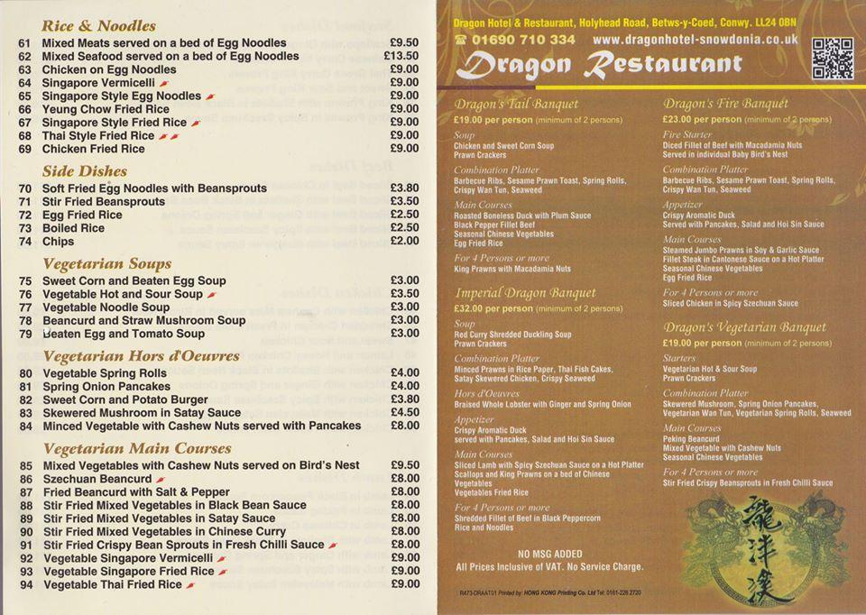 Menu at The Dragon Hotel and Restaurant, Betws-y-Coed