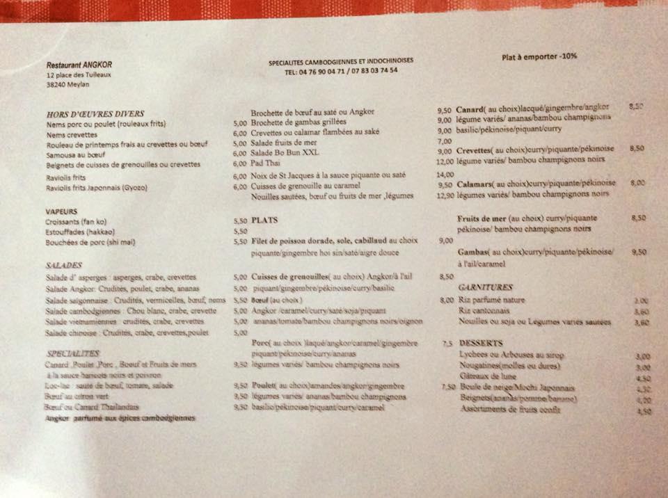 Menu au Restaurant Angkor, Meylan