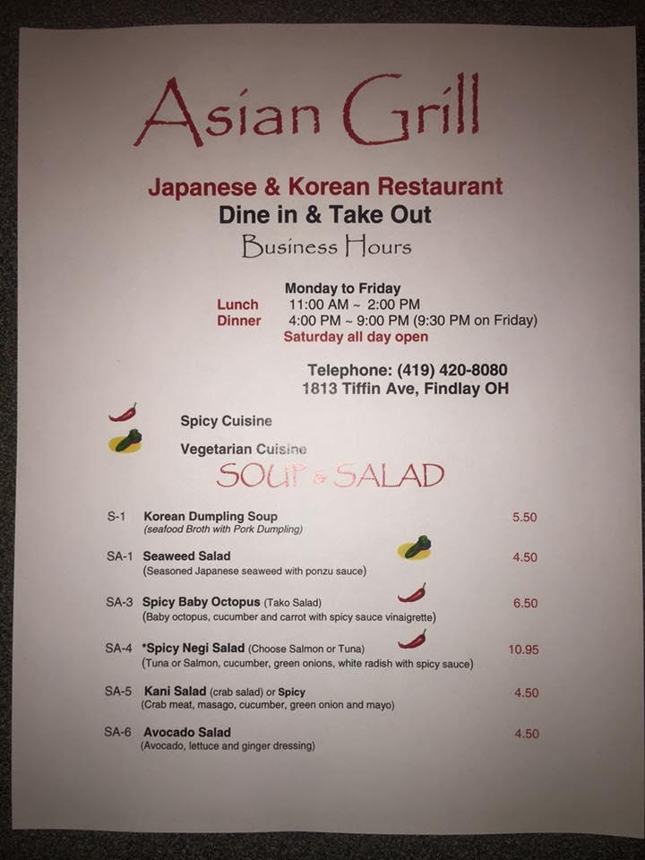 Menu at Asian Grill restaurant, Findlay