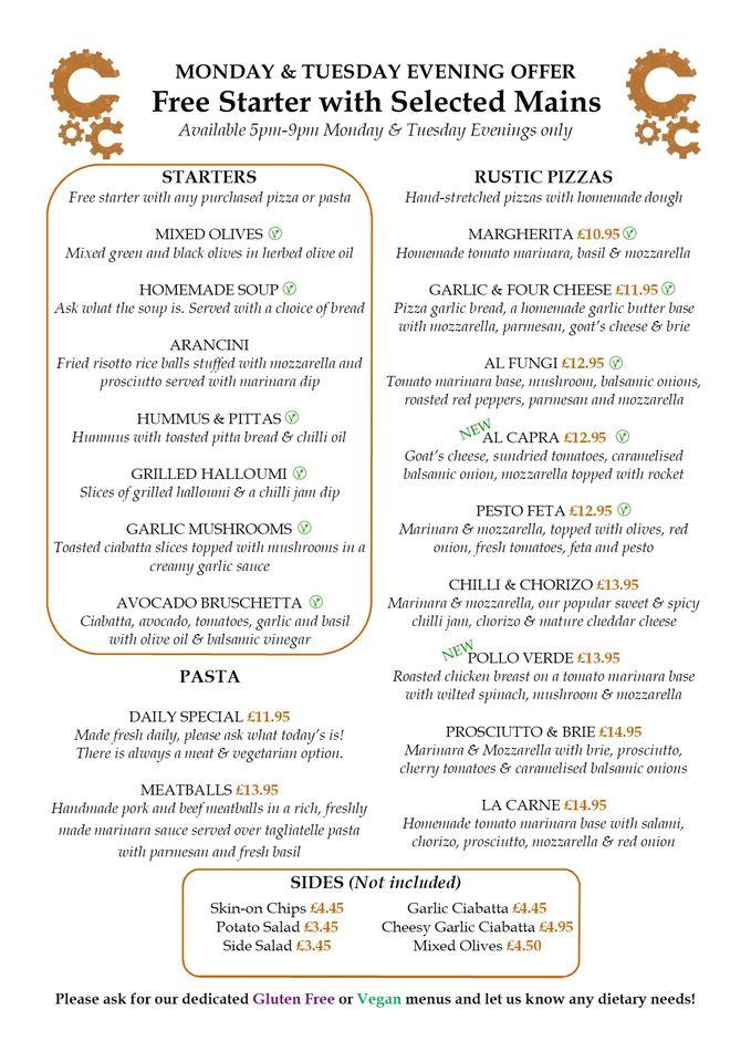 Menu at Copper Cogs restaurant, Long Eaton