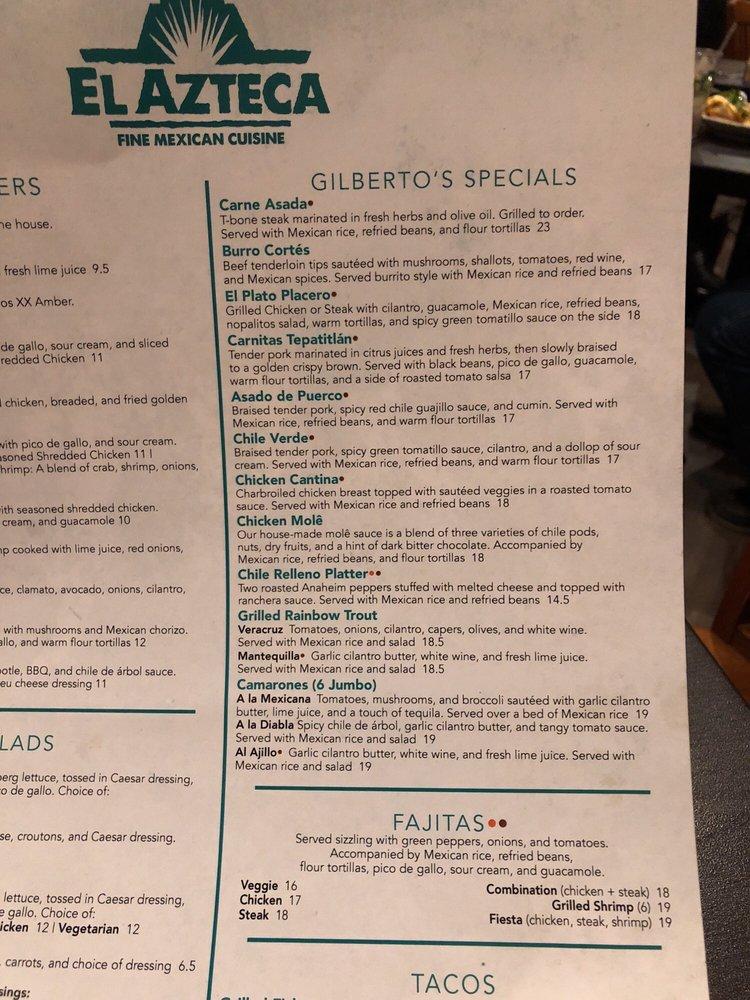 Menu at El Azteca restaurant, Clarksville