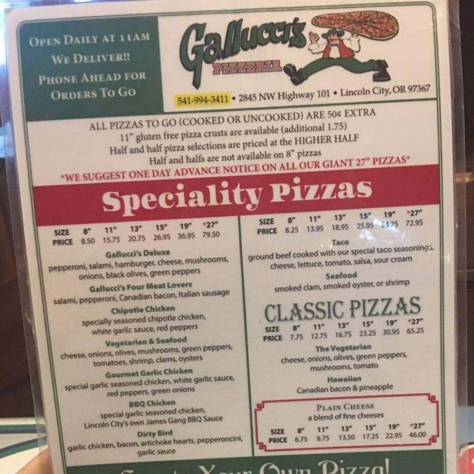 Menu at Gallucci's Pizzeria, Lincoln City, NW U.S. 101