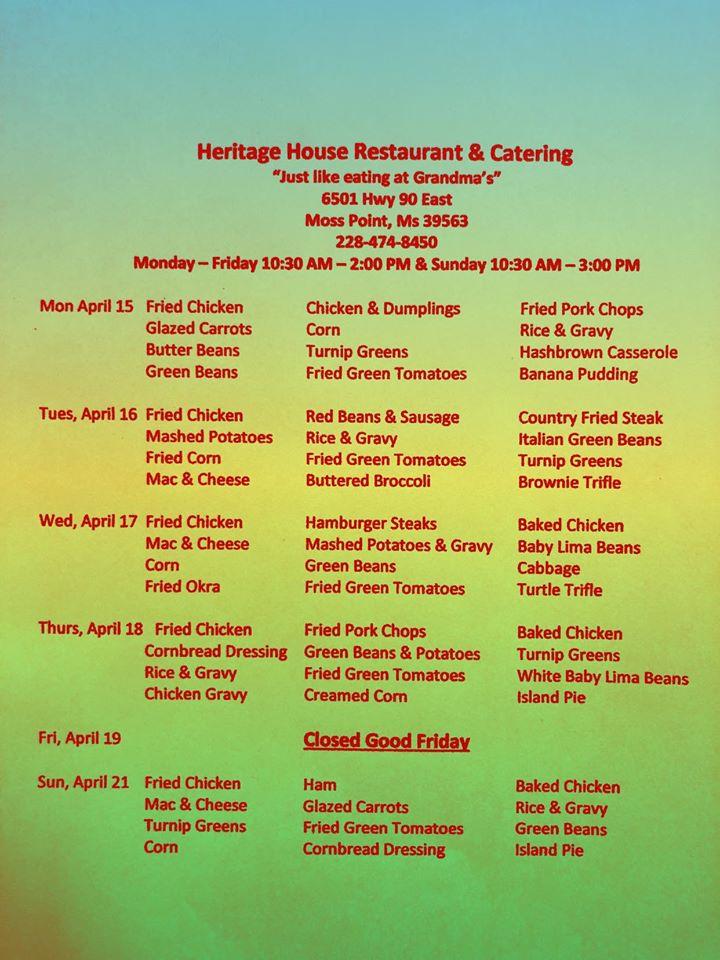 Menu at Heritage House restaurant, Moss Point, US-90