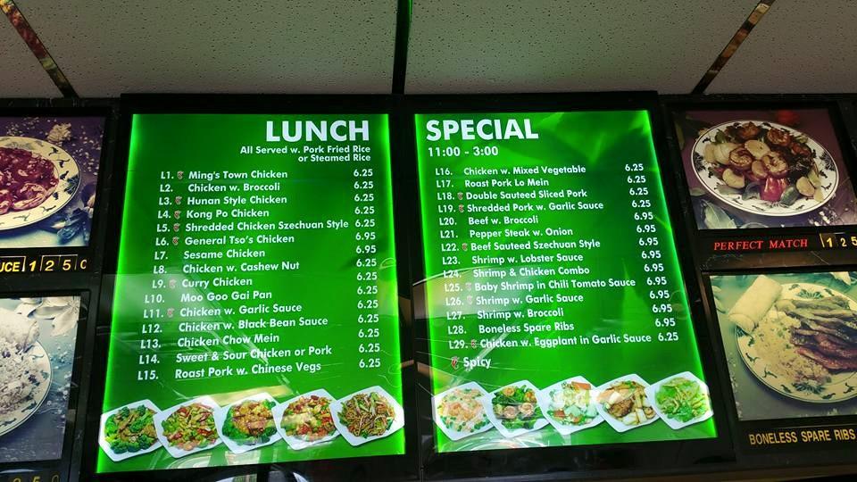 Menu at Ming's Town restaurant, Brick