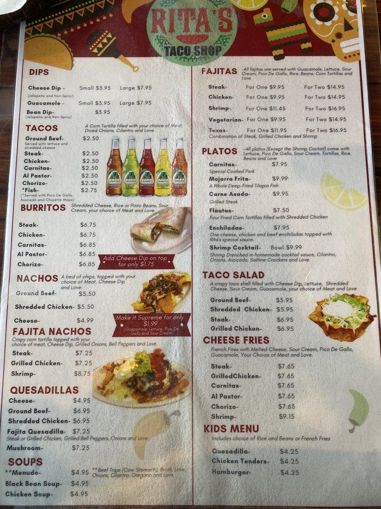 Menu at Rita's Taco Shop restaurant, Corydon
