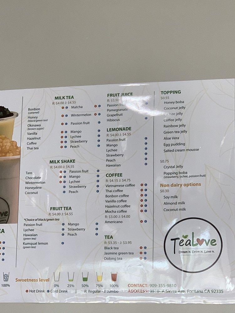 Menu at TeaLove Fontana, Fontana