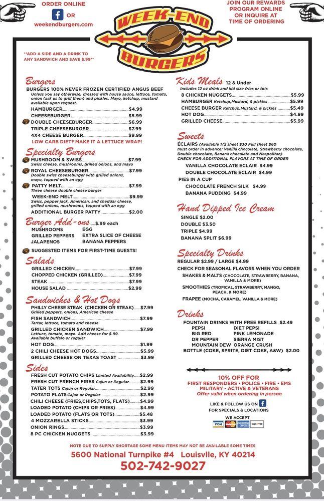 Menu at Week-End Burgers desserts, Louisville, National Turnpike
