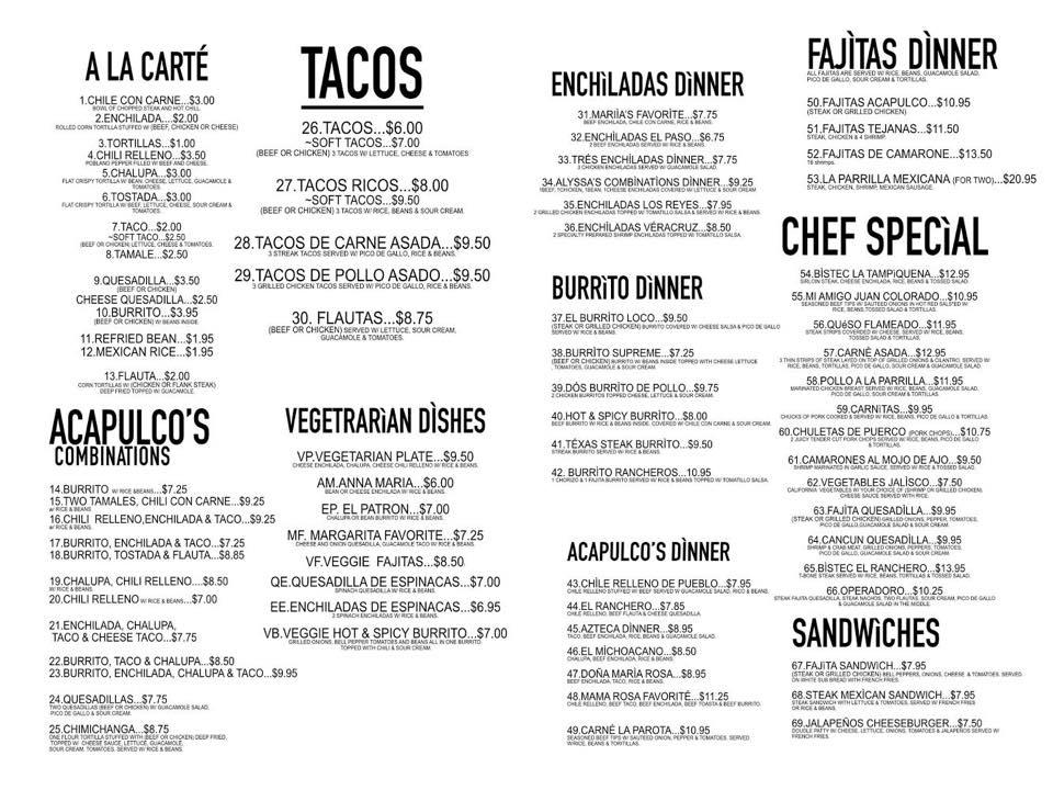Menu at Acapulco Mexican Grill restaurant, Blackstone