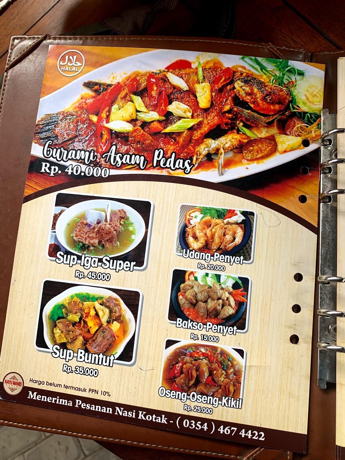 Menu at Kayu Manis restaurant, Kediri