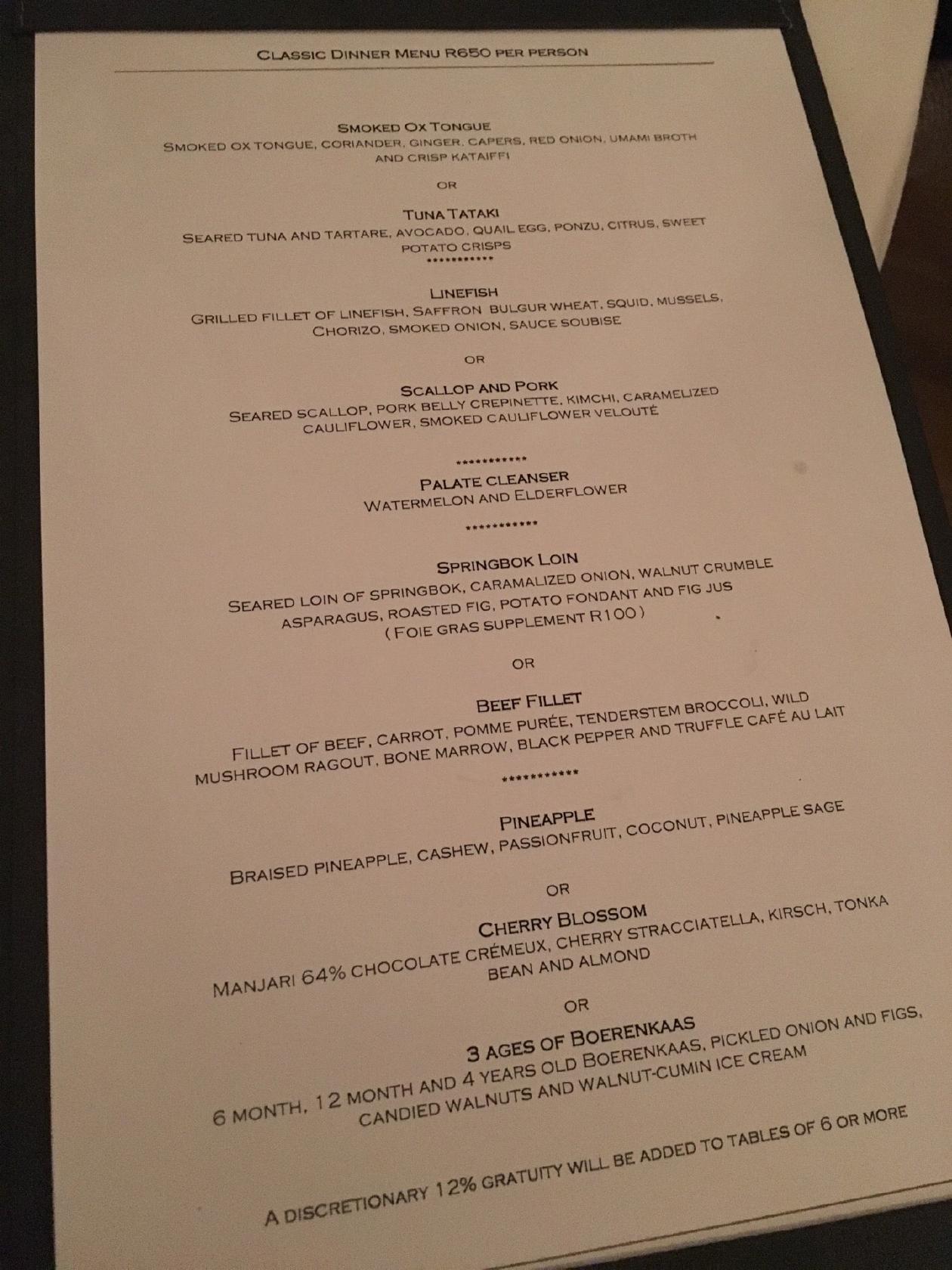 Carta de La Colombe Restaurant, Ciudad del Cabo, Silvermist Wine Estate