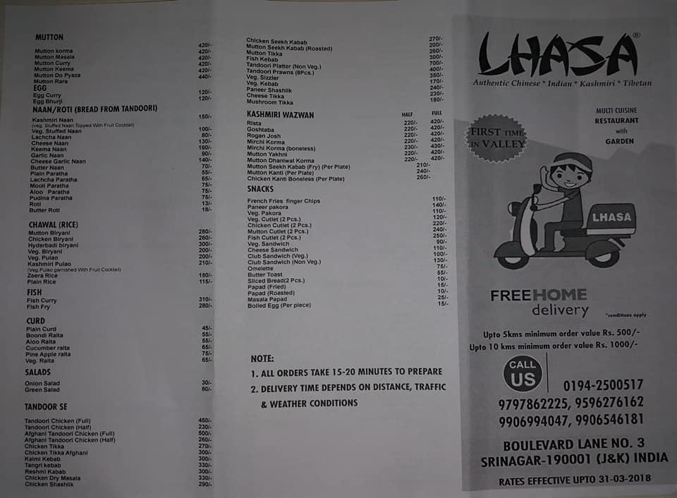 Menu at Lhasa, Srinagar, Lane No 3