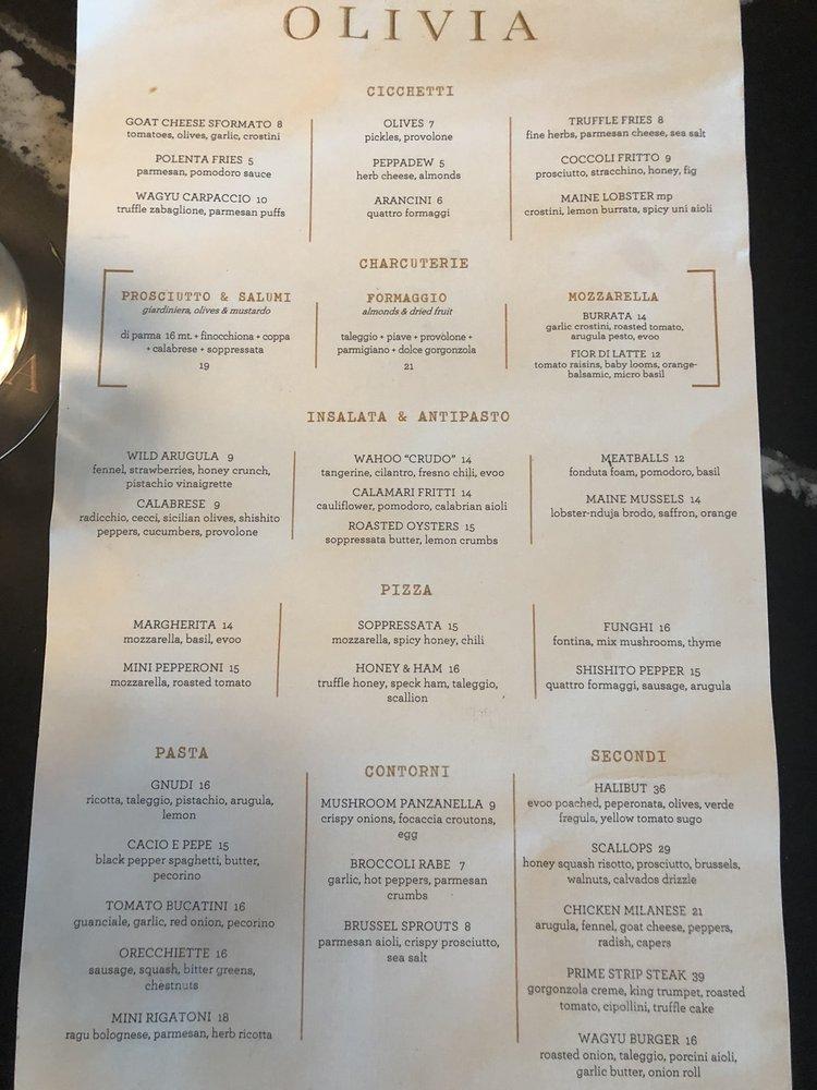 Menu at OLIVIA pub & bar, Tampa