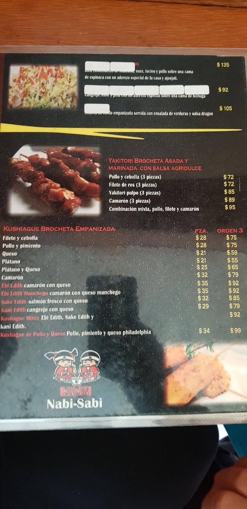 Carta del restaurante sushi nabi sabi, Ecatepec