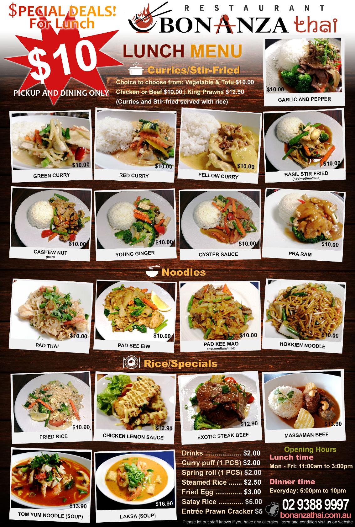 Menu at Bonanza Thai restaurant, Waverley