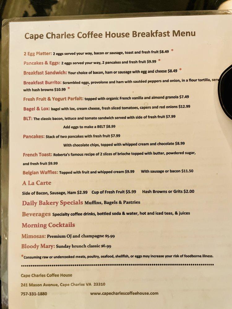 Menu at Cape Charles Coffee House, Cape Charles