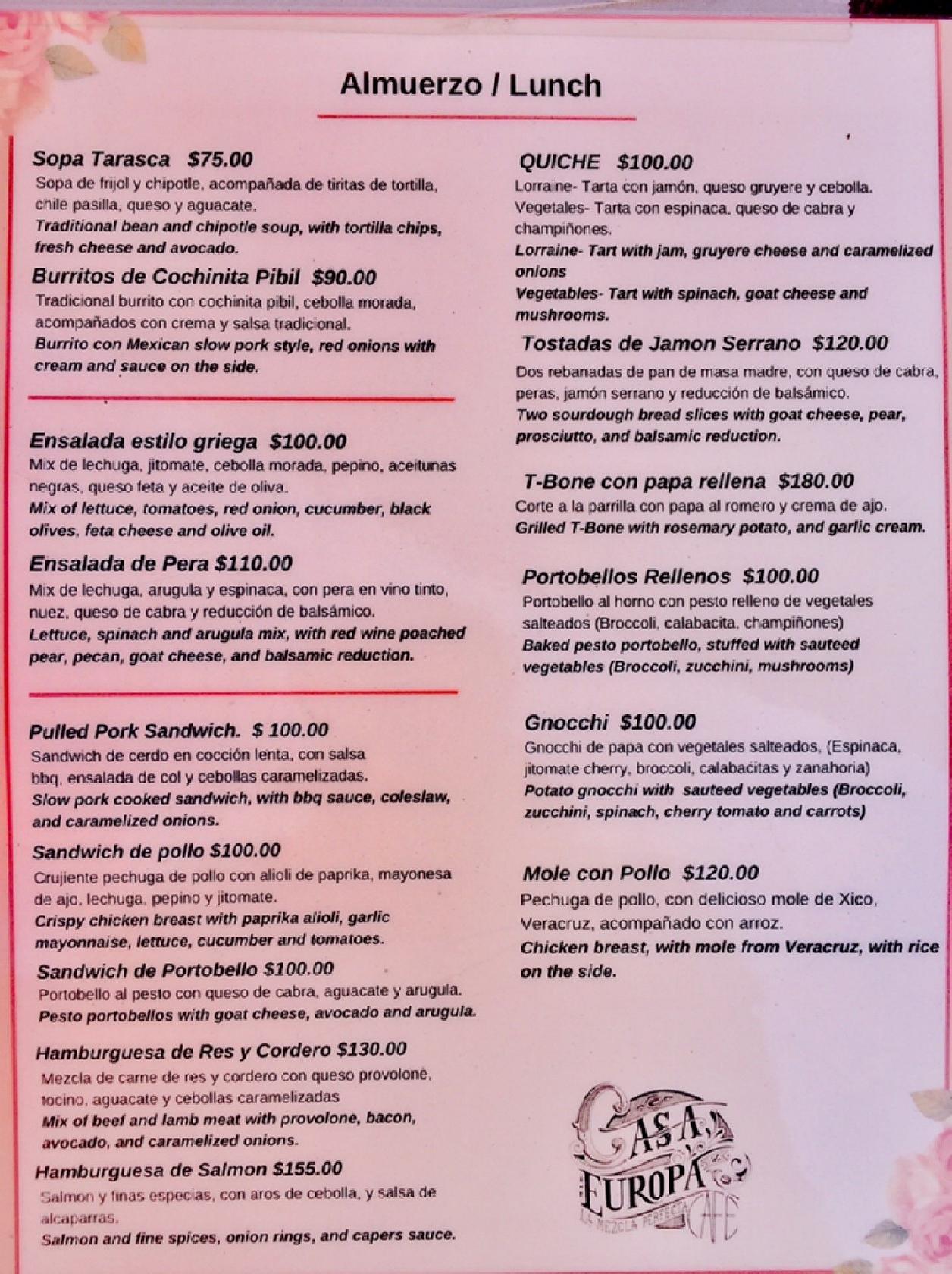 Carta de Zenteno Bistro Cafe, San Miguel de Allende