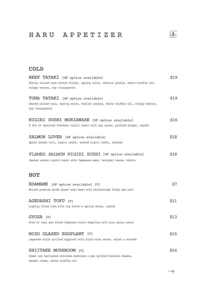 Menu at HARU Japanese Restaurant, Palmerston North