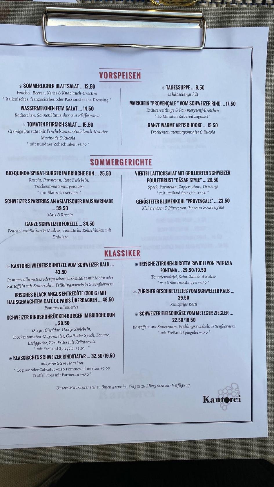 Menu at Kantorei, Zürich