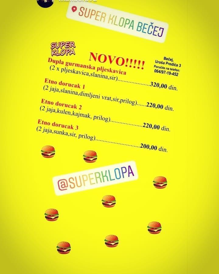 Menu at Super Klopa restaurant, Bečej