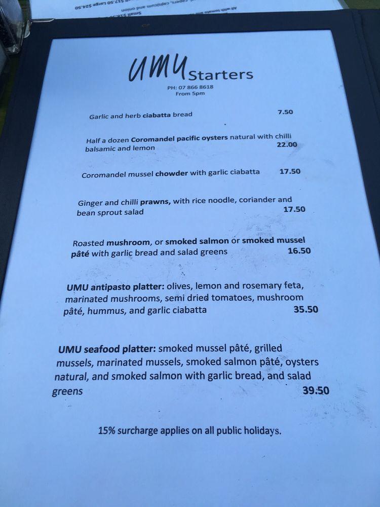 Menu at UMU Restaurant and Cafe, Coromandel
