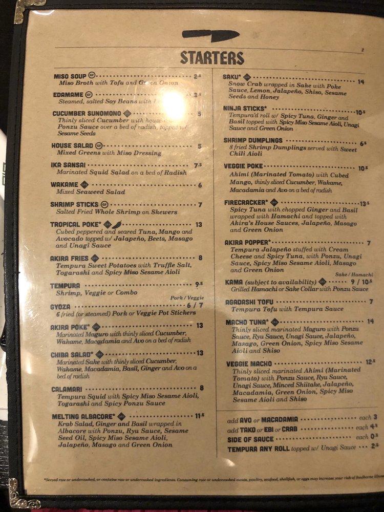 Menu at Akira Aptos restaurant, Aptos