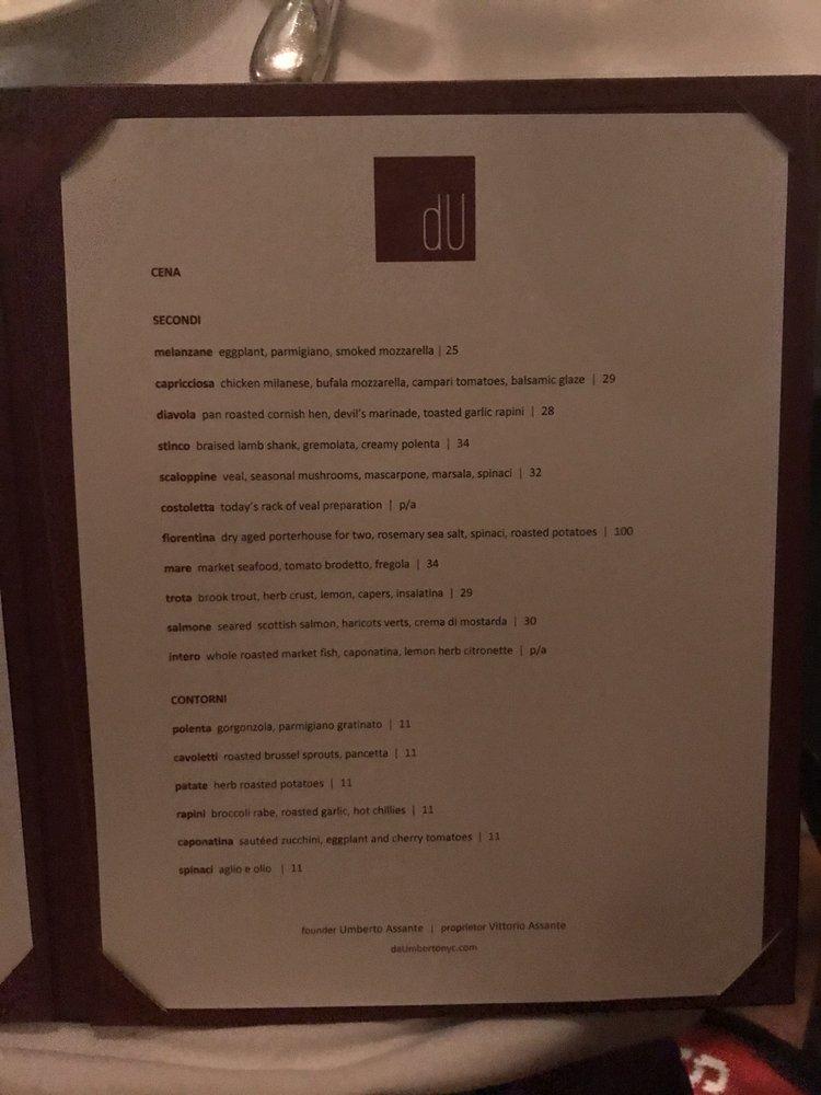 Menu at da Umberto restaurant, New York City