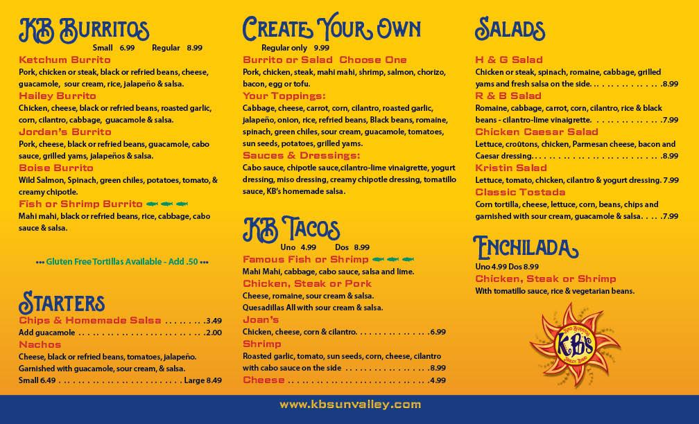 Menu at KB's McCall restaurant, McCall