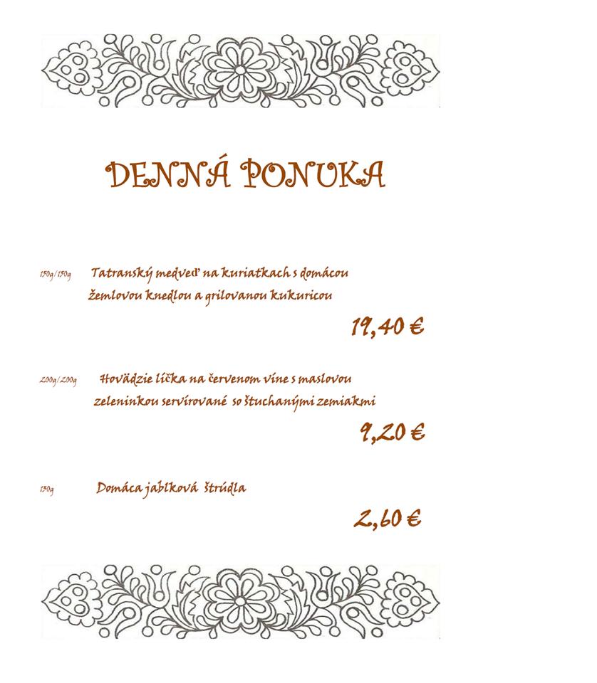 Menu at Koliba Žerucha restaurant, Štrba