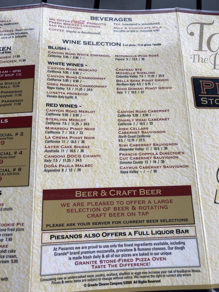 Menu at Piesanos Clermont pizzeria, Clermont