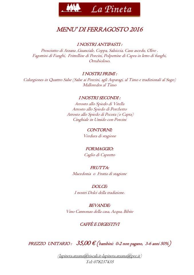 Menu da La pineta ristorante, Arzana