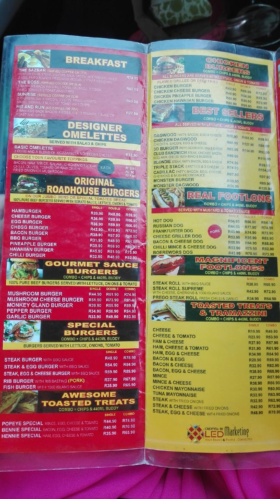 Menu at Sazbar Roadhouse Brakpan, Brakpan