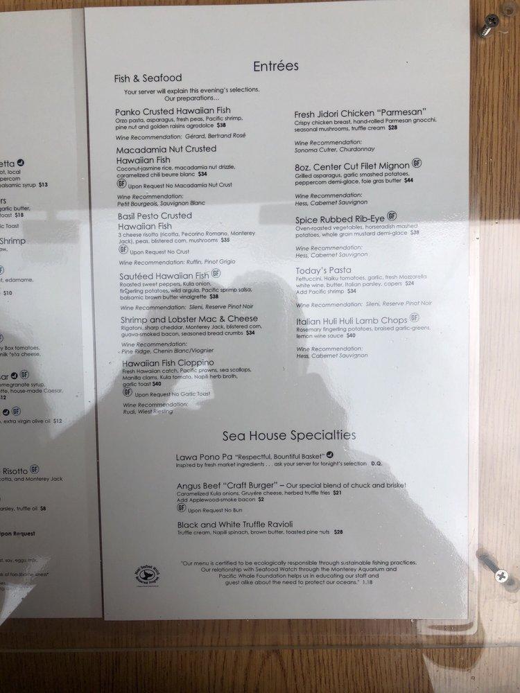 Menu at Sea House Restaurant, Kapalua