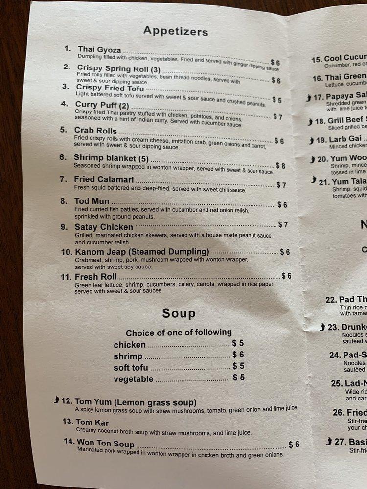 Menu at Thai Lotus restaurant, Winchester