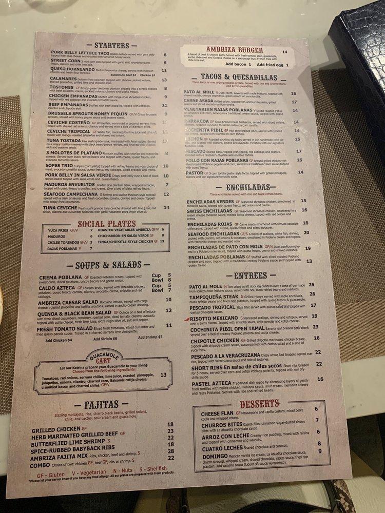 Menu at Ambriza pub & bar, Cypress