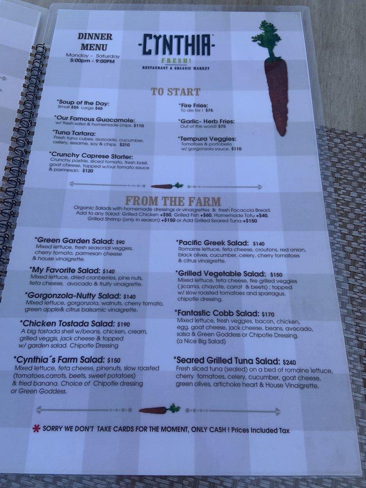 Menu at Cynthia Fresh restaurant, San José del Cabo