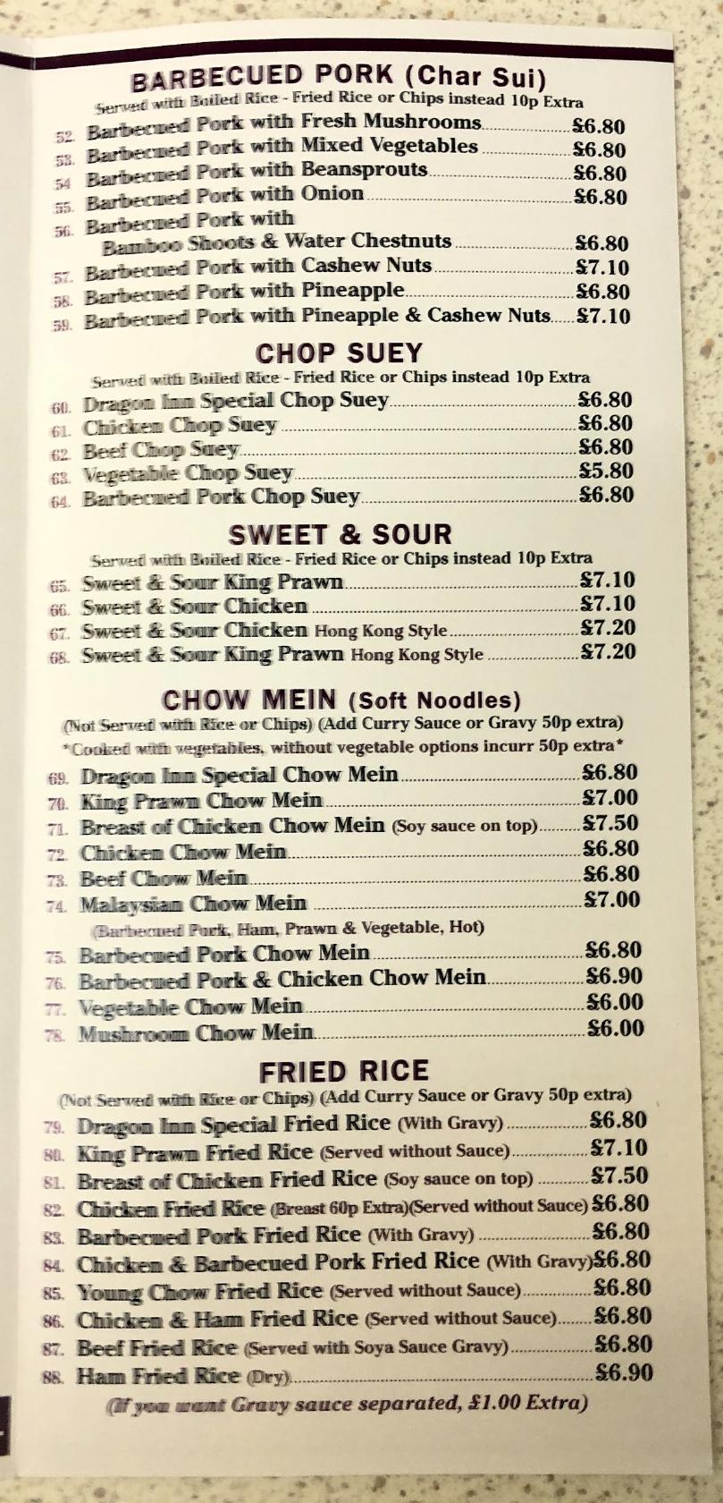 Menu at Dragon Inn fast food, Wishaw