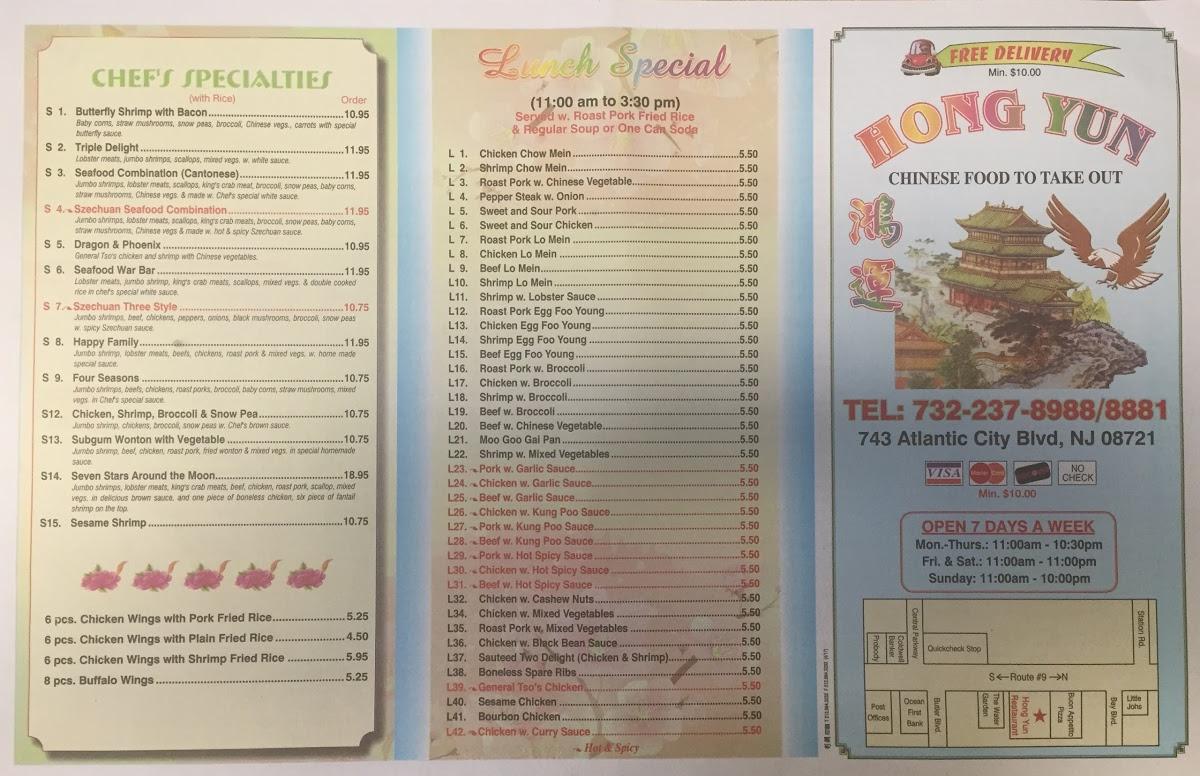 Menu at Hong Yun Chinese Restaurant, Berkeley Township