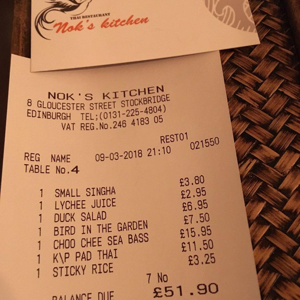 Menu at Nok's Kitchen on Stockbridge restaurant, Edinburgh