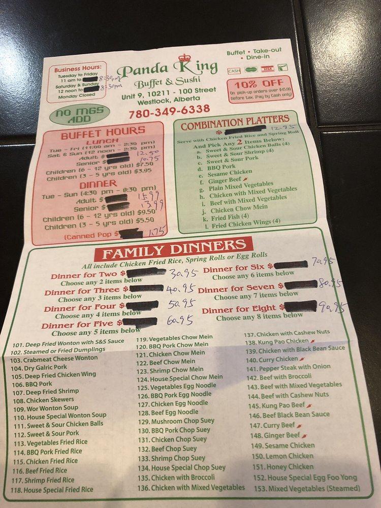 Menu at Panda King Buffet & Sushi restaurant, Westlock
