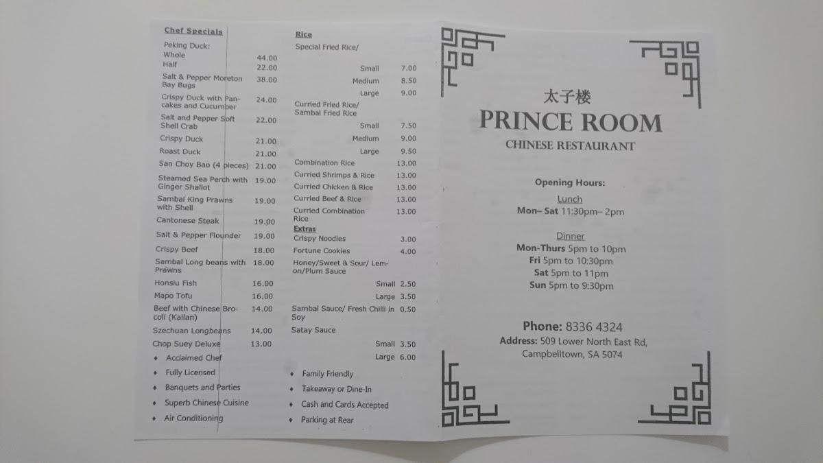 Menu at Prince Room Restaurant, Campbelltown