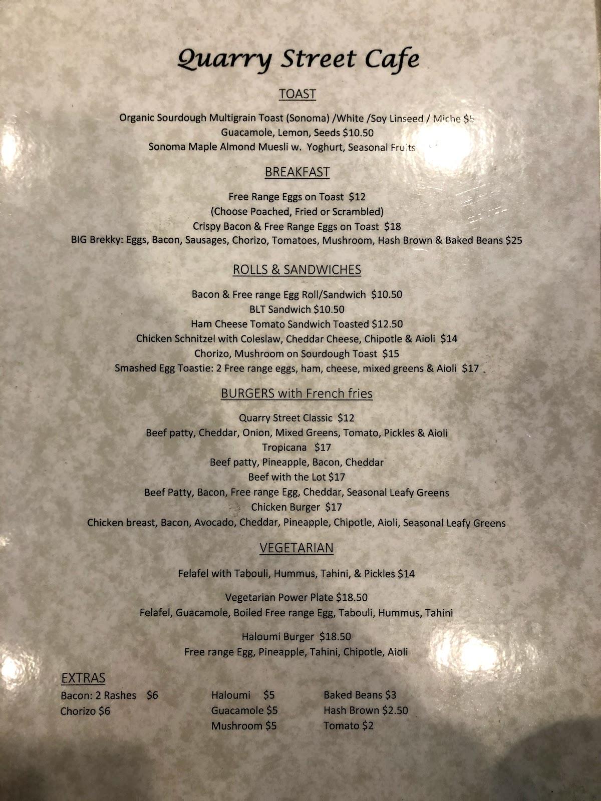 Menu at Quarry St Cafe, Ultimo