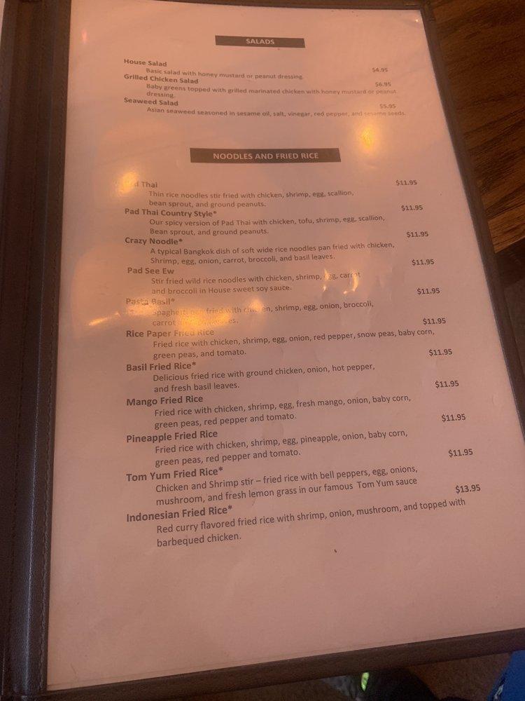 Menu at Rice Paper Thai Cuisine restaurant, Akron