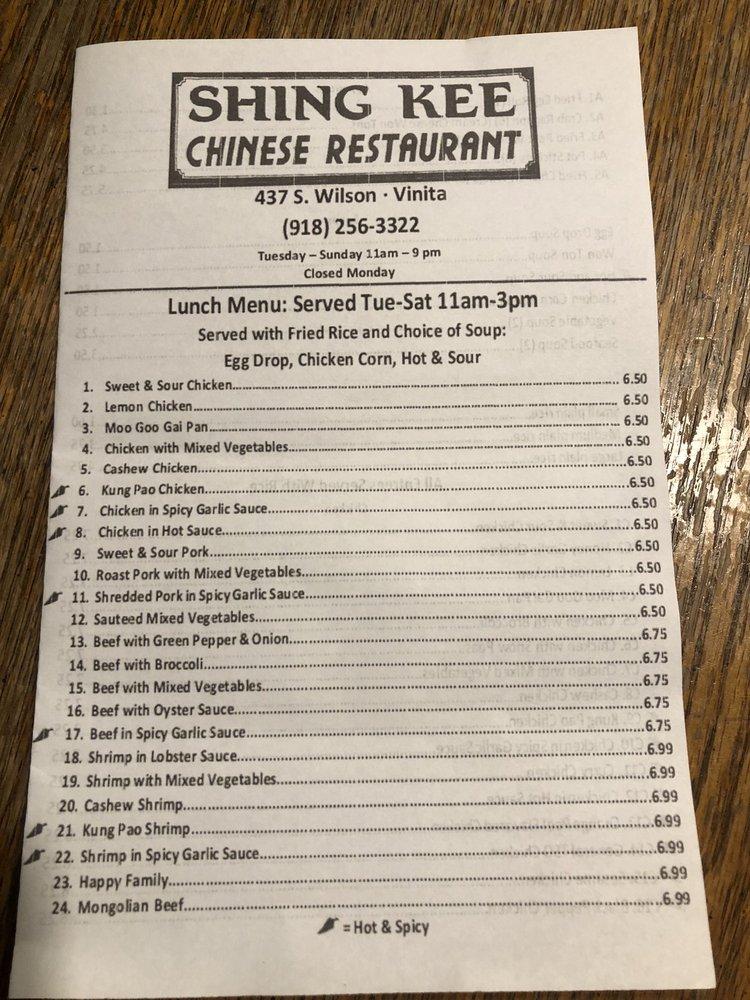 Menu at Shing Kee restaurant, Vinita