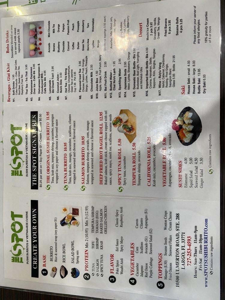 Menu at The Spot Sushi Burritos & Vietnamese Cuisine restaurant, Temple ...