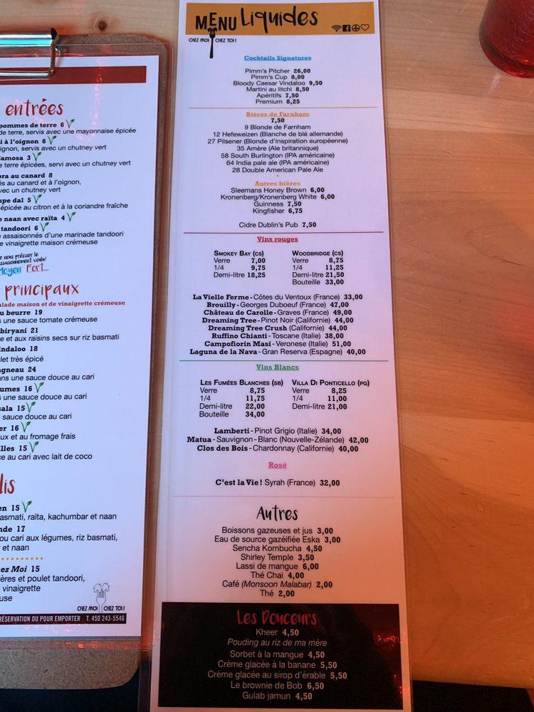 Menu au Chez Moi Chez Toi restaurant, Knowlton